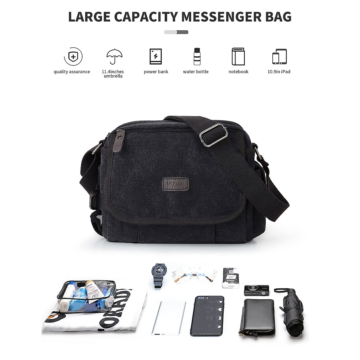 Canvas Satchel Bag men,Classic small Messenger Bag for Men,Crossbody Bag Aesthetic small,Unisex Classic Canvas Shoulder Bag for women, Bookbag for Work,black.