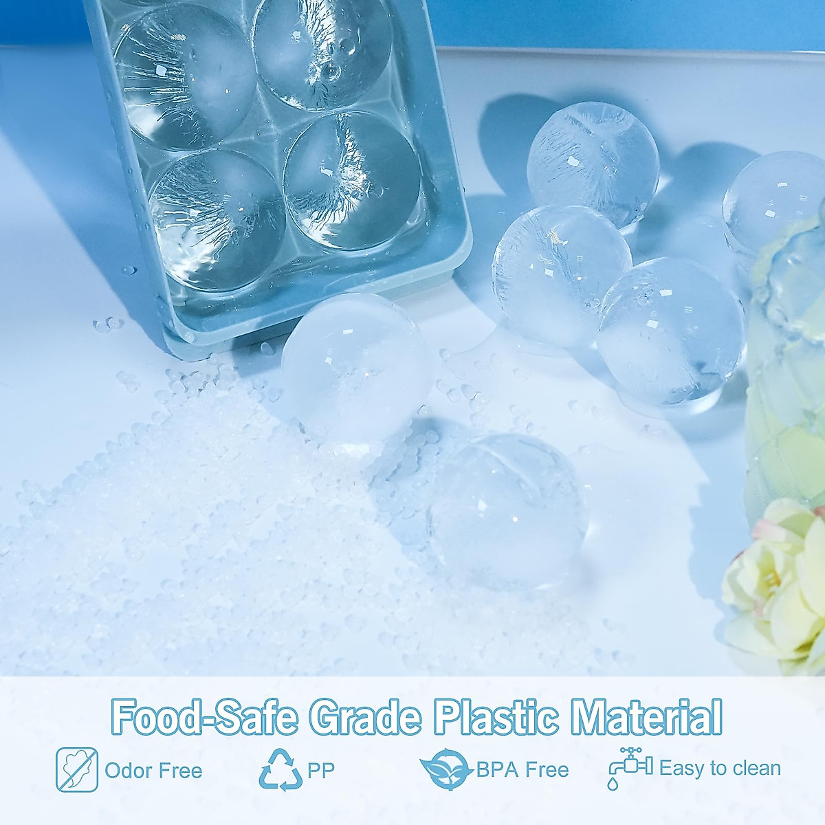 Toobimen Ice Cube Tray with Lid&Bin, 1.9'' Whiskey Ice Mold, 2Pack Ice Ball Maker Mold, Large Ice Cube Trays with Tong, Easy Fill & Release Making Ice Balls for Whiskey Cocktails Bourbon (Blue)