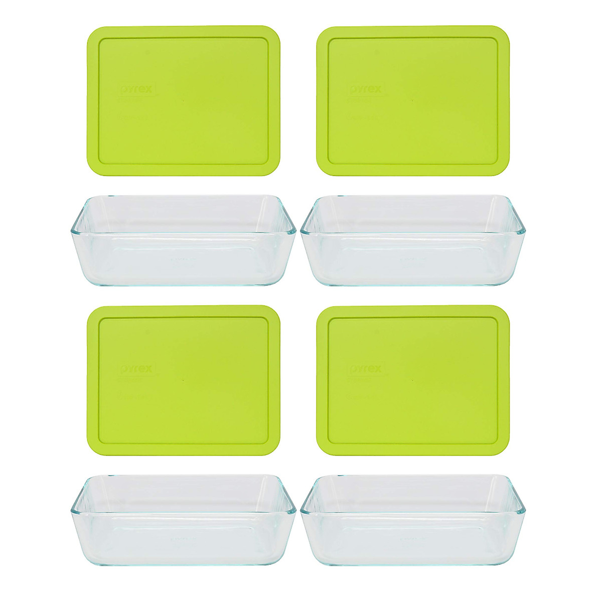Pyrex (4 7211 6 Cup Glass Dishes & (4) 7211 6 Cup Rectangle Edamame Green Lids Made in the USA