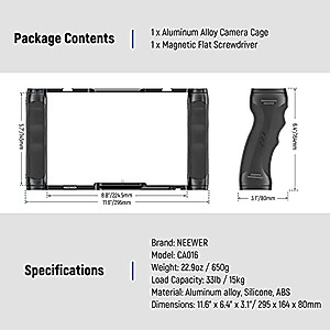NEEWER Video Camera Cage Rig with Arca Type Base, Dual Grips, 3/8" ARRI Locating & 1/4" Threads, Cold Shoes, Universal Camera Stabilizer Compatible with SmallRig NEEWER Baseplate 15mm Rods, CA016