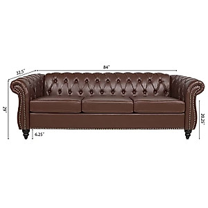 JINS&VICO 84" Chesterfield Sofa Couch, 3 Seater PU Leather Sofa w/Thick Cushion and Deep Seat, Mid-Century Modern Upholstered Accent Rolled Arm Sofa for Living Room, Bedroom, Office, Apartment, Black