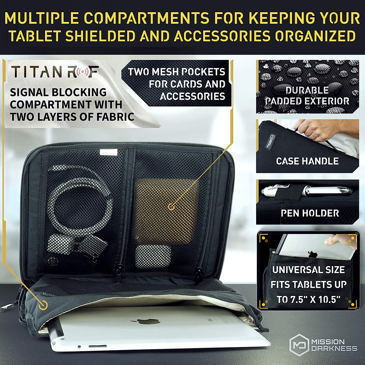 Mission Darkness Mojave Faraday Tablet Bag // Multi-Functional Travel Case with Accessory Pockets and Built-in Faraday Sleeve // Signal-Blocking, Anti-Tracking, Anti-Hacking, Anti-Spying Faraday Cage