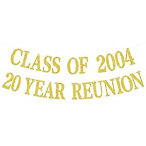 Happy 20th Anniversary Banner, Class of 2004, 10 Years Later, Class Reunion Party Decorations Gold Glitter