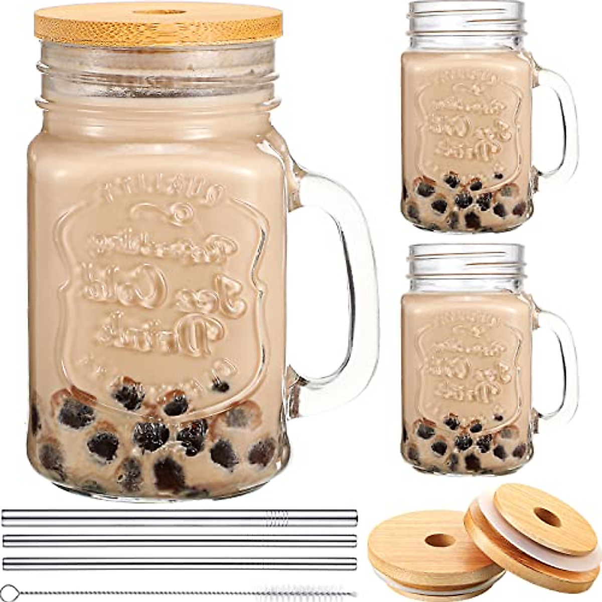 16 oz Jar Glass Mugs Cups with Handle Bamboo Lids Straws and Brush Set 3 Regular Mouth Jar Cups Juices Drinking Glasses Bottles 3 Bamboo Lids 3 Straws 1 Cleaning Brush Reusable Set Gift