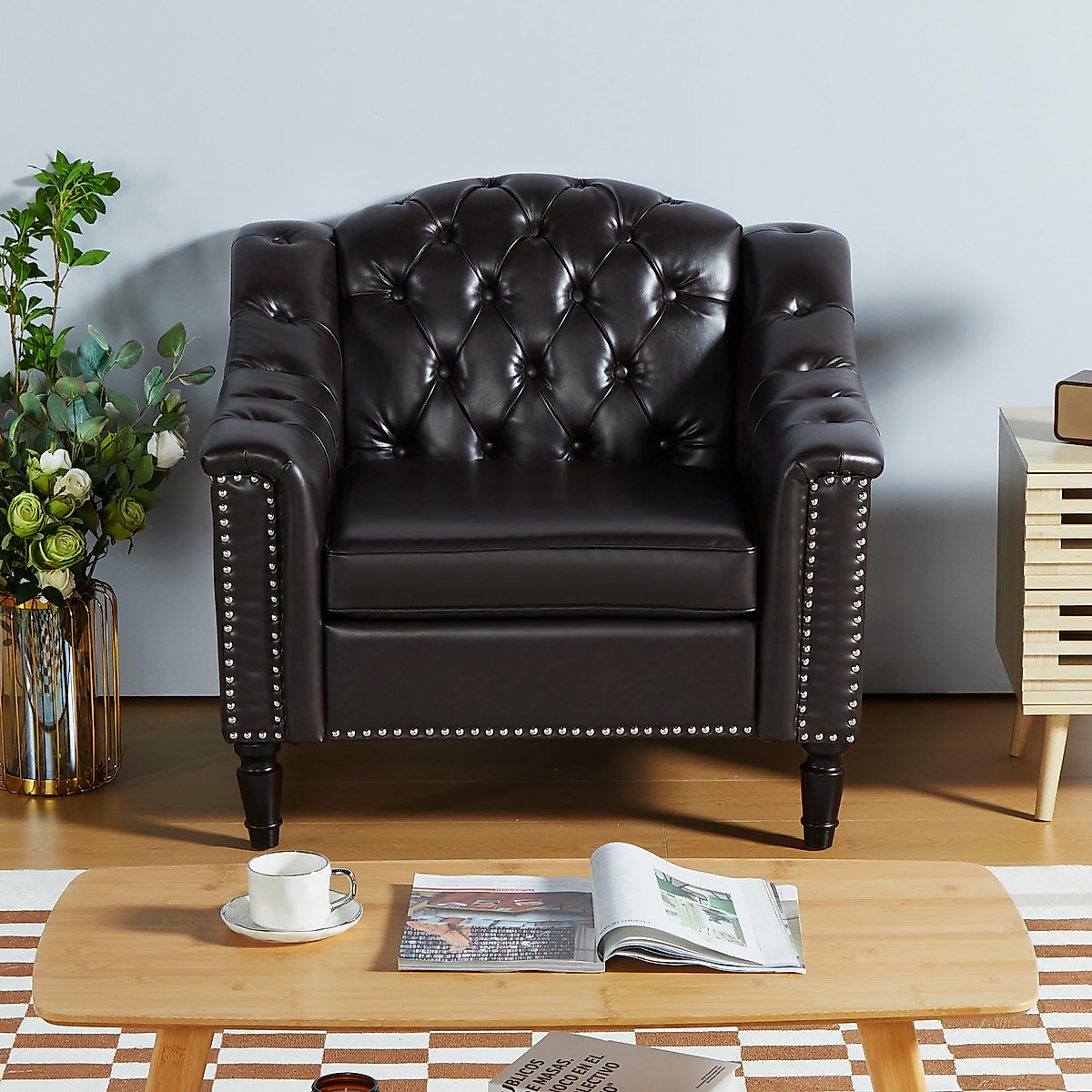 LEVNARY Chesterfield Chair Leather, Upholstered Sofa Chair with High Back, Mid-Century Modern Armchair with Solid Wood Legs, Single Couches for Living Room (Brown)