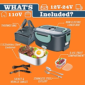 Electric Lunch Box Food Heater 80W Upgraded Leak-proof Heated Lunch Box 12V 24V 110V-230V 3 in 1 Portable Food Warmer for Car/Truck/Office with 304 Stainless Steel Container Spoon & Fork and Carry Bag