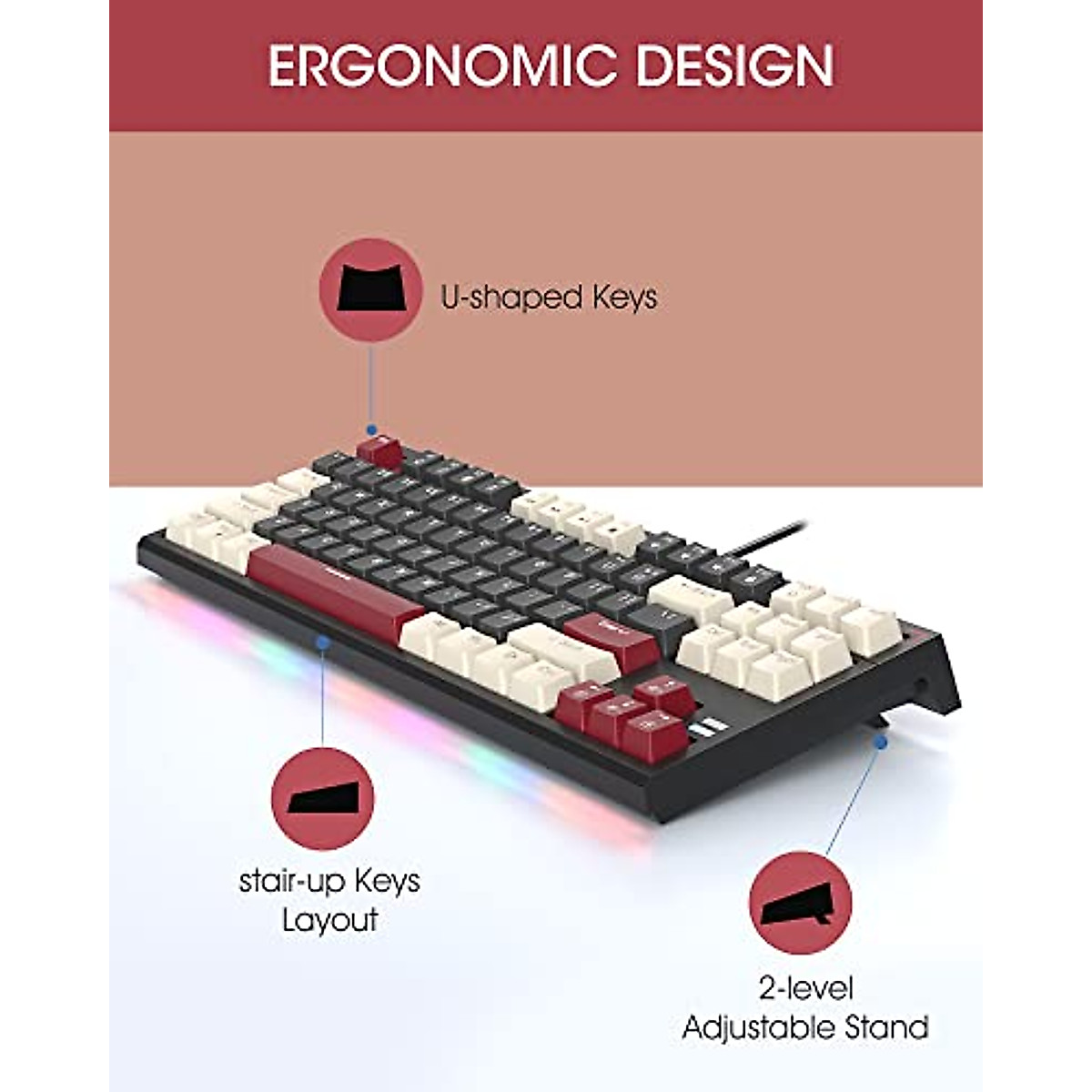 Compact 80% Mechanical Gaming Keyboard, Wired tkl Keyboard with Yellow Switches, Ergonomic Design Retro Style Gaming Keyboard with Rainbow Led Backlit for Windows PC Mac, Black & White