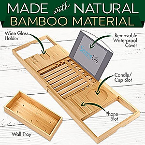 SereneLife Luxury Bamboo Bathtub Caddy Tray - Adjustable Natural Wood Bath Tub Organizer with Wine Holder, Cup Placement, Soap Dish, Book Space & Phone Slot for Spa, Bathroom & Shower SLBCAD20