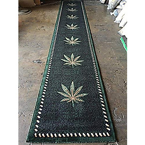 Americana Marijuana Long Runner Rug Black &Green Design#139 (32in.X15ft10in.)