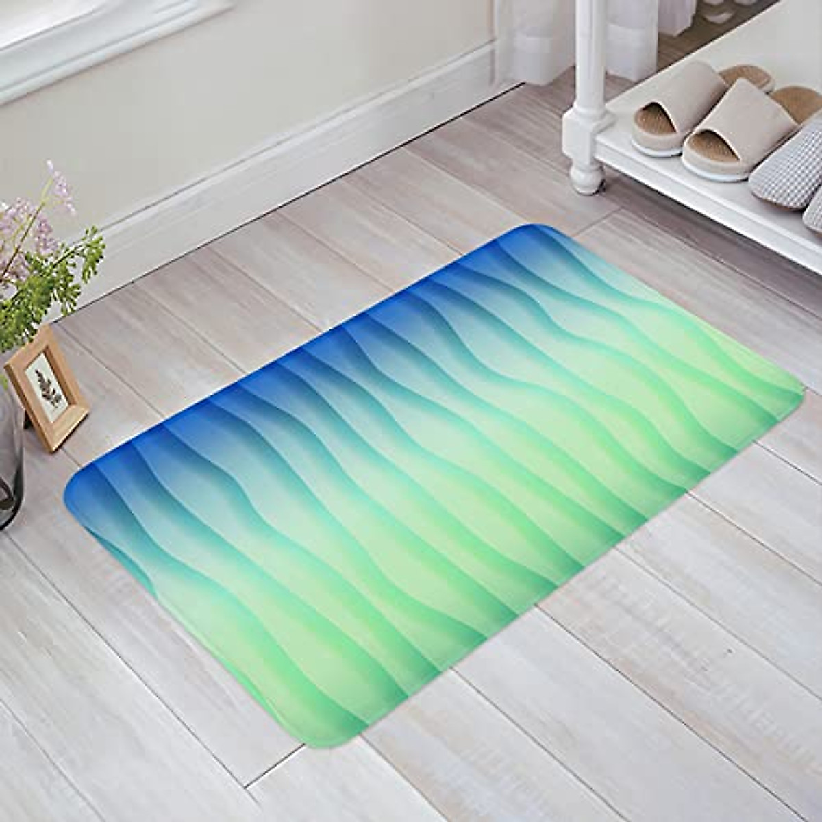 Sunteeny Front Door Mat, Simple Abstract Geometry Blue Green Gradient Lines Doormat Non-Slip Kitchen Mat Washable Indoor Outdoor Bathroom Rugs for Entry, Kitchen, Patio 18" x 30"