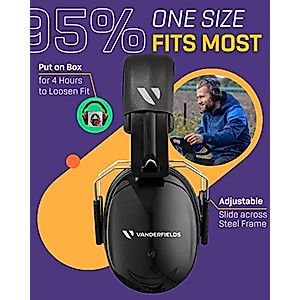 Vanderfields Ear Protection Earmuffs - Shooting Ear Muffs for Noise Cancelling - Passive Reduction for Safety Hearing - Adult Headphones for Lawn Mowing, DIY, Construction, Woodworking -Midnight Black