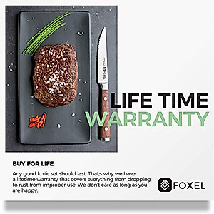 FOXEL Best Serrated Steak Knives Knife Set of 4, 8, or 12 Piece w/Covers - Heavy Duty Restaurant Quality - German Stainless Steel 1.4116 Blade - Natural Sandal Wood Full Tang Handle - Hand Wash Only