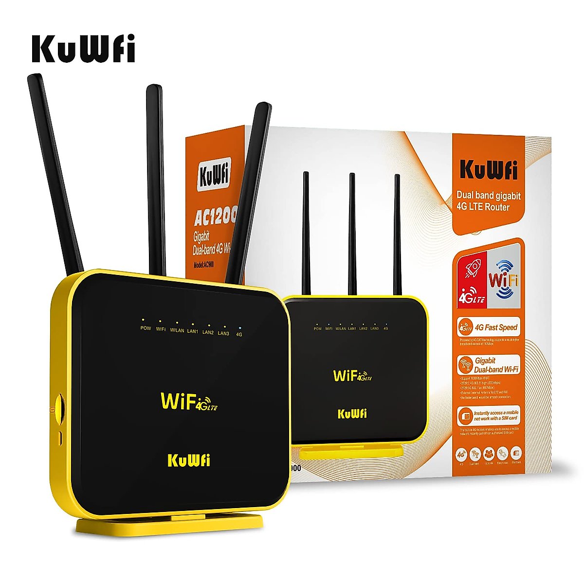 KuWFi vSIM Hotspot 4G LTE Router 1200Mbps Dual Band Gigabit WiFi External Antenna with US 2GB Data vSIM Router Offer high-Speed Data Plans to accommodate RV orRural No Contract Plug and Play