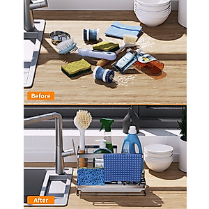 SWTYMIKI Kitchen Sink Caddy Organizer with Dishcloth Holder, Rustproof Stainless Steel Sponge Holder with Removable Drain Tray, Sink Rack Holds Sponge, Dishcloth and Brush in Silver