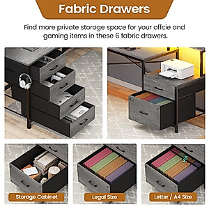 SEDETA L Shaped Desk with 6 Drawer, 108" Home Office Desk with File Drawer & Power Outlet, Corner Computer Desk with Monitor Shelf, Two Person Desk, Gaming Desk with Led Lights, Grey