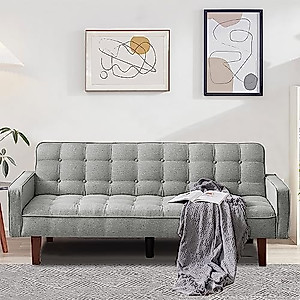 VIPNEW Convertible Futon Sofa Bed, Modern Tufted Loveseat Sofa Sleeper, Linen 3 Seater Couch for Living Room, Bedroom, Apartment, Grey