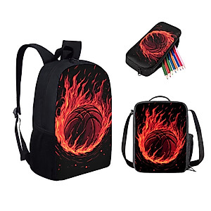 FANCOSAN Cool Basketball Pattern Kids Backpack Travel Rucksack School Bag + Lunch Box + Pencil Bag 3 Piece