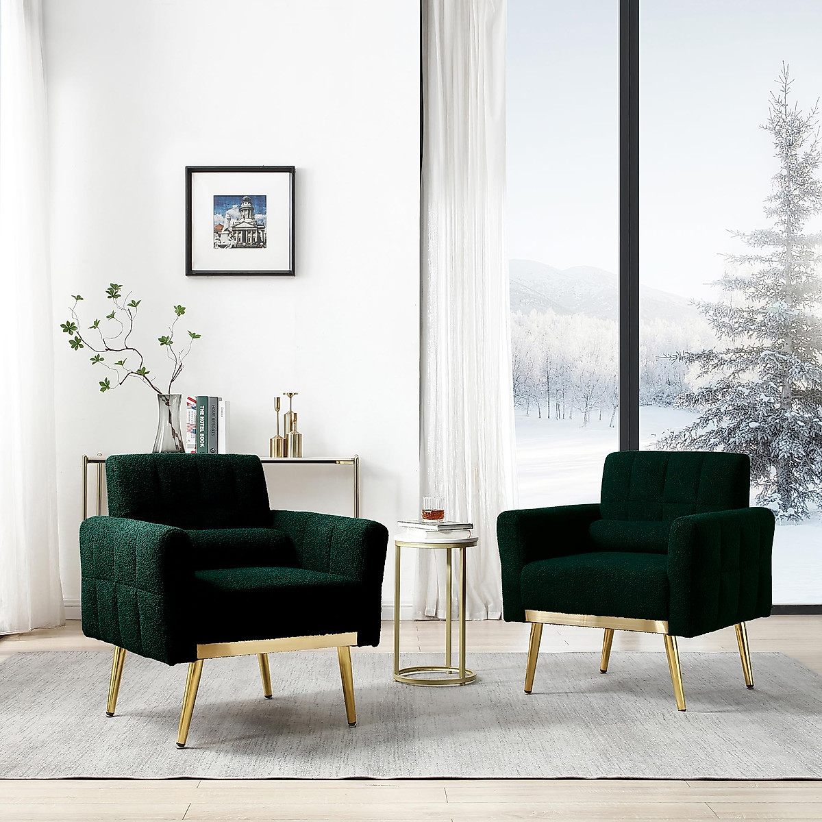 Penifun Teddy Accent Modern Side Gold Legs & Waist Pillow, Single Sofa Couch Armchair Reading Chairs for Living Waiting Room Bedroom Green