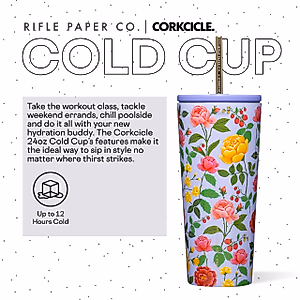 Corkcicle x Rifle Paper Co. Cold Cup Insulated Tumbler with Lid and Straw, Roses Purple, 24 oz – Reusable Water Bottle Keeps Beverages Cold for 12hrs, Hot 5hrs – Cupholder Friendly, Flexible Sip Lid