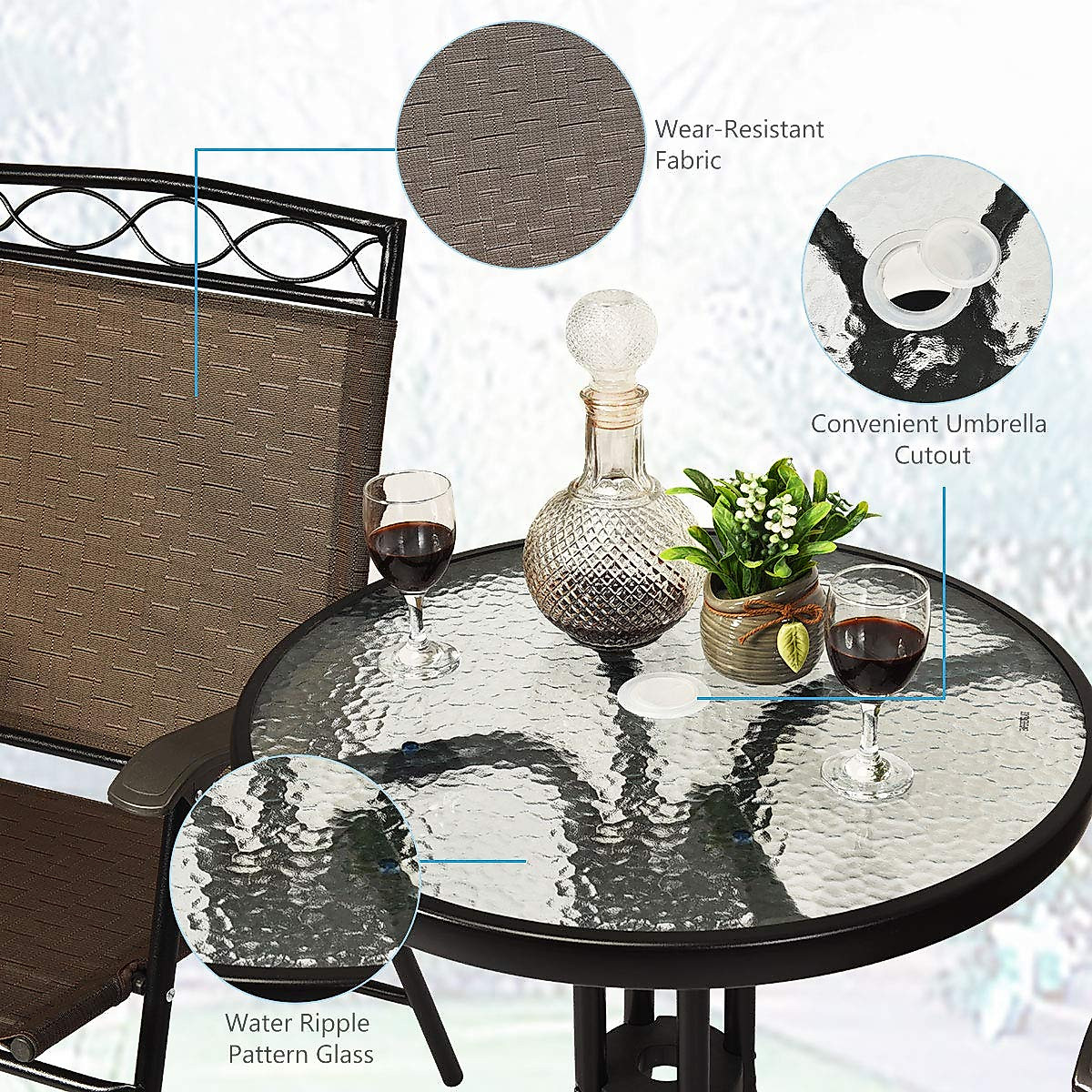 renatone 3 Piece Patio Bistro Set, Outdoor Bistro Dining Furniture Set Table & Folding Chairs for Garden, Pool, Backyard, Tempered Glass Tabletop with Umbrella Hole