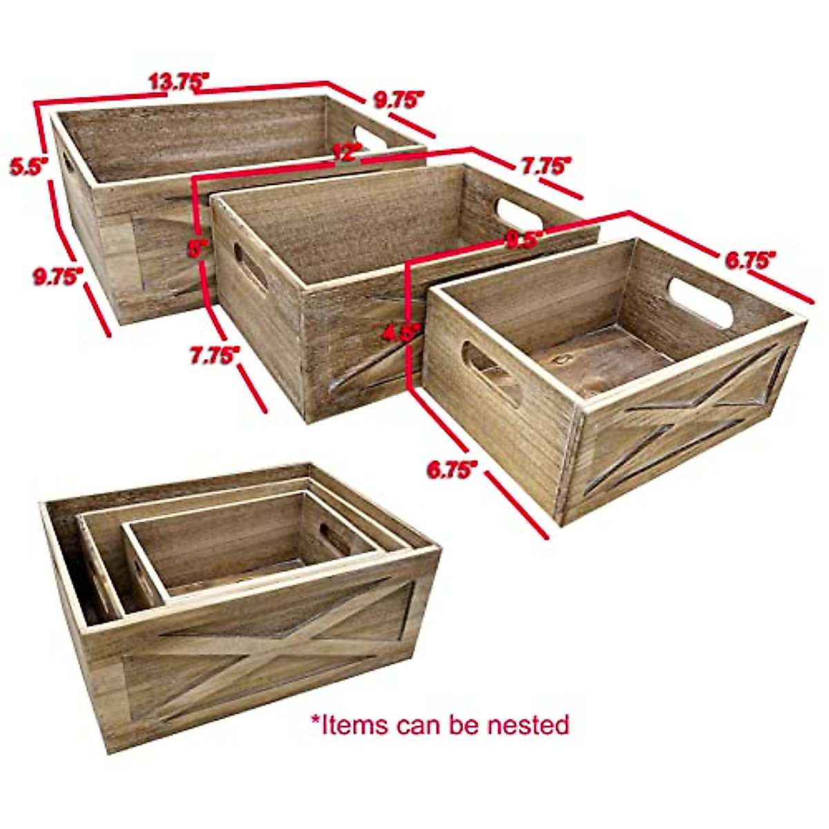 Admired By Nature Rustic Barn Door Style Home Décor Nesting Storage Organizer Wooden Crates, Set of 3, Natural, ABN5E172-NTRL,Barn Door Light brown