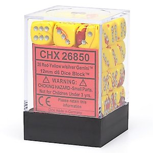 Chessex DND Dice Set D&D Dice-12mm Gemini Red, Yellow, and Silver Polyhedral Dice Set-Dungeons and Dragons Dice Includes 36 Dice – D6, Various (CHX26850)