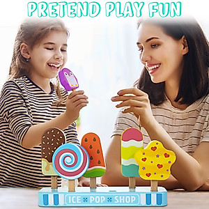 HELLOWOOD Wooden Ice Cream Truck Bundlle with Wooden Lolly Pop Shop, Pretend Play Food Toy