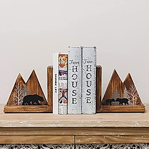 NIKKY HOME Heavy Duty Non Slip Rustic Woodland Mountain Wooden Bookend Cute Bear Book Ends Book Stoppers for Cabin Decor Home and Office Shelves Kids Children