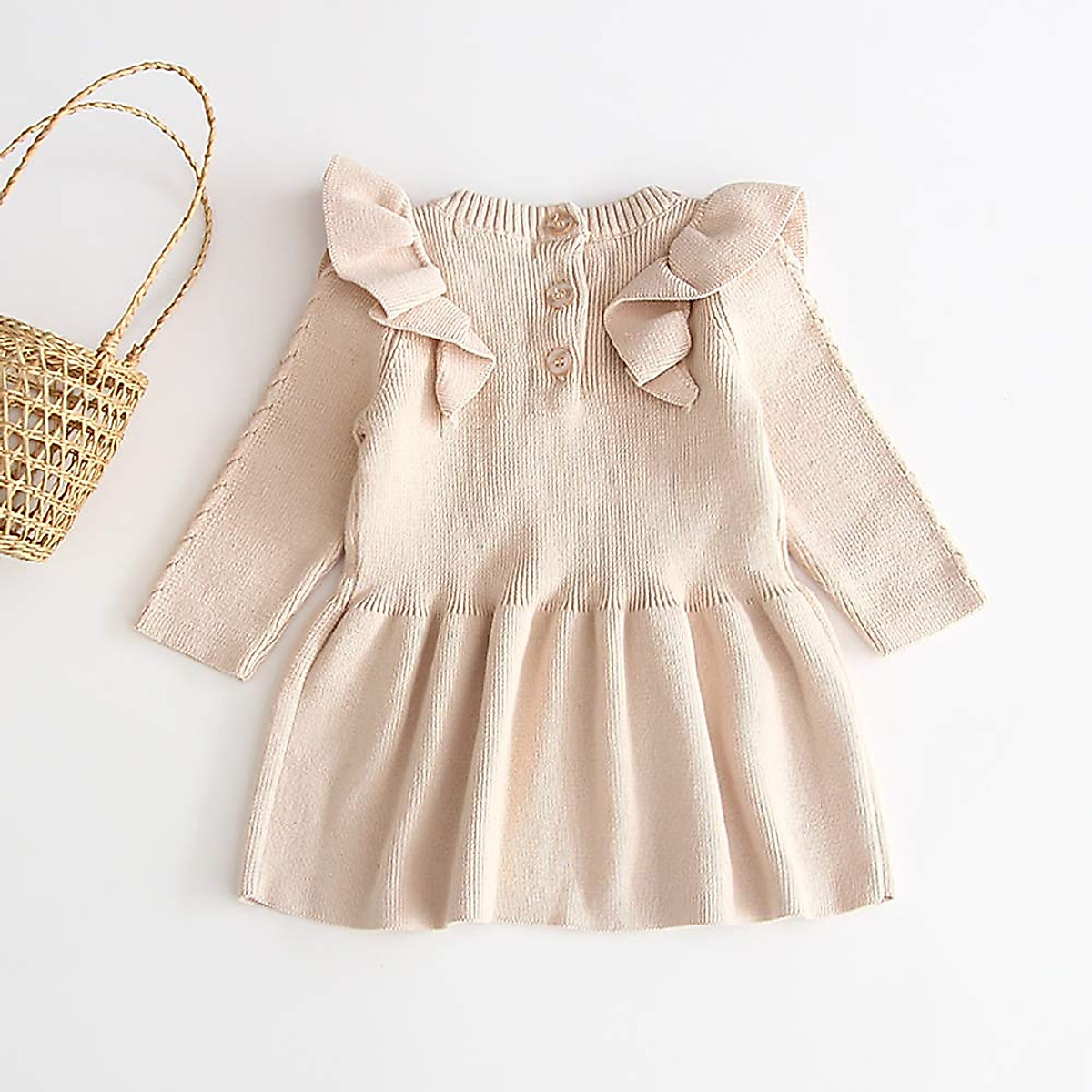Toddler Baby Girl Knit Sweater Dress Cute Kids Solid Ruffle Long Sleeve Dresses Top Fall Winter Warm Outfits Clothes Apricot Ruffle 2-3 Years