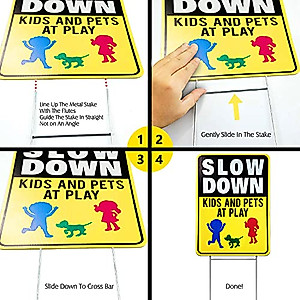 Slow Down Signs 2 Pack 17.8"x12" Slow Down Kids At Play Sign, Double Sided Slow Down Kids and Pets at Play Yard Signs With Metal Stakes, Weatherproof, 900g/m² Superhard Corrugated Plastic