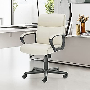 Executive Office Chair Computer Desk Chair with Padded Armrests, Ergonomic Chair Mid Back Lumbar Support and Adjustable Height & Tilt Angle Home Office Desk Chairs PU Leather Swivel Chair, Cream
