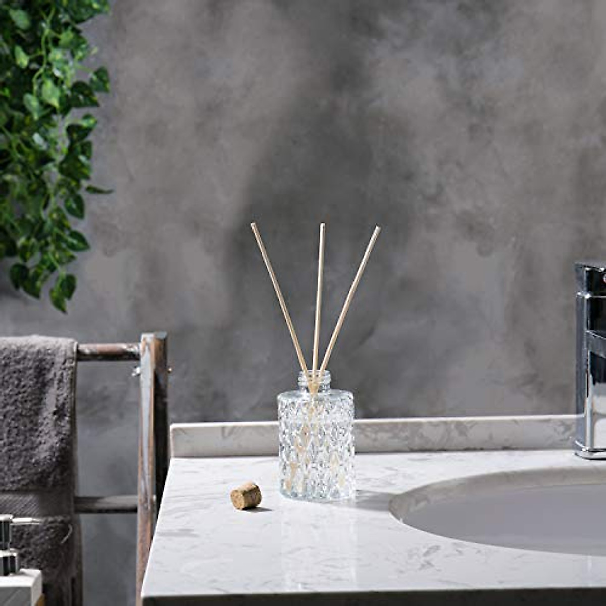 MyGift Small Clear Glass Reed Diffuser Bottles, Vintage Embossed Apothecary Style Flower Bud Vases with Cork Lids, Set of 2