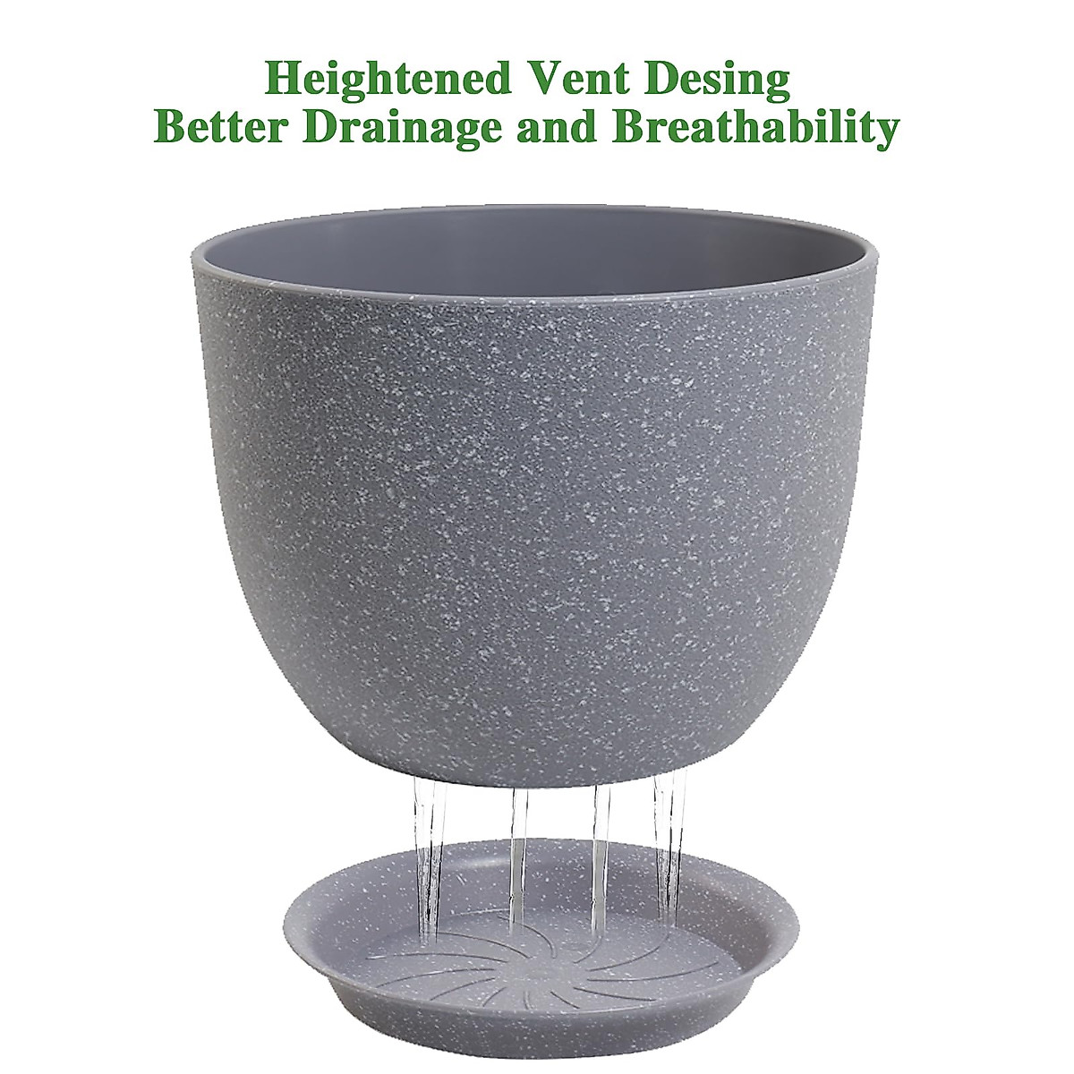 UOUZ 12inch Large Plant Pot, Modern Plastic Planter with High Driange Holes and Saucer for Indoor Outdoor Garden Plants and Flowers, Grey Speckles