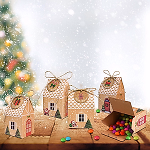 SERENEDWELLING 24 Sets Mini Christmas Party Gift Bags, Christmas Small Gift Boxes with 24 pieces Greeting Card and 24 Ropes Small Candy Containers for Party