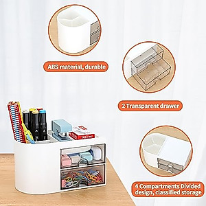 LETURE Desk Organizer Office Supplies Caddy with Pencil Holder and Drawer for Desktop Accessories, Business Card/Pen/Pencil/Mobile Phone/Stationery Holder Storage Box (White)