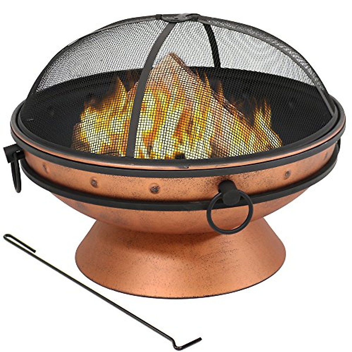 Sunnydaze 30-Inch Raised Outdoor Fire Pit Bowl - with Handles, Log Poker, and Spark Screen - Copper Finish