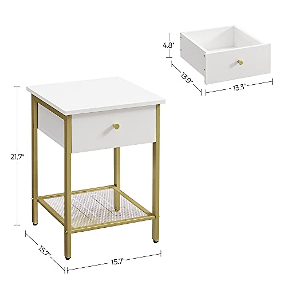 VASAGLE White Nightstand with Drawer, Bedside Table, End Table with Open Shelf, Modern Style for Bedroom, White and Gold ULET512A10