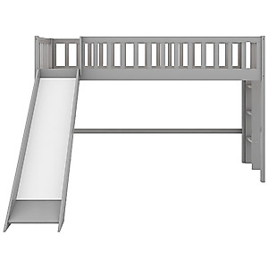 Bellemave Twin Size Low Loft Bed with Slide Wood Junior Loft Beds Frame with Ladder and Guardrails for Kids Boys Girls, Gray, Gray With Slide
