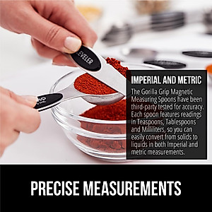 Gorilla Grip Magnetic Measuring Spoons 8 Piece Set, Stainless Steel Metal Cups, Dual Sided Nesting Design, Metric and US, Precise Teaspoon Measurements, Baking and Cooking Supplies, Gifts, Black