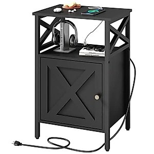 LDTTCUK Side Table with Charging Station, End Table with Power Outlet & USB Ports, Nightstand with 2 Tiers Storage Space and Storage Cabinet, Sofa Side Tables for Bedroom, Living Room,Office,Black