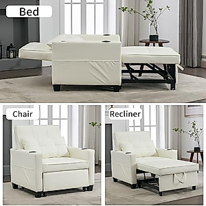 Futon Chair Bed, Modern Convertible Chair 3-in-1 Pull Out Sleeper Chair Beds with USB Ports, Single Sofa Recliner Couch Armchair Bed Sleeper for Living Room Apartment (White PU Leather)