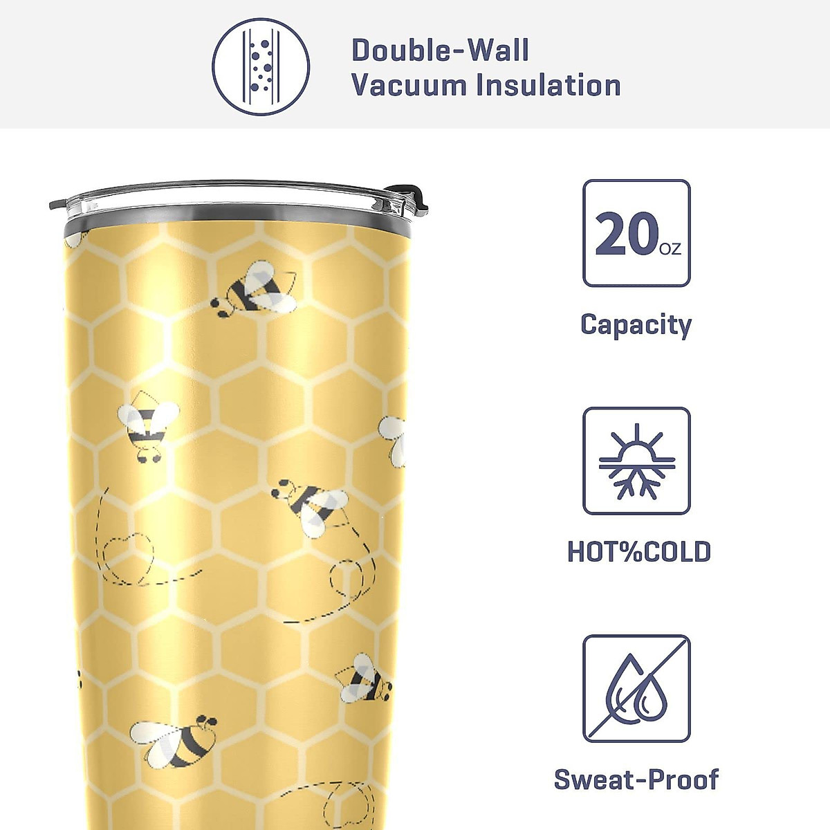 foixnub Bees on The Honey 20oz Tumbler Honeycombs Insulated Coffee Cup Wine Tumbler Stainless Steel Reusable Water Bottle Double Walled Travel Mug Thermal Cup for Hot Cold Drinks