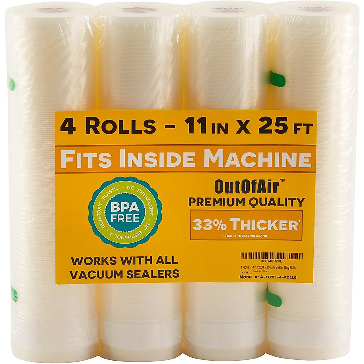 11" x 25' Rolls (Fits Inside Machine) - 4 Pack (100 feet total) OutOfAir Vacuum Sealer Rolls. Works with FoodSaver Vacuum Sealers. 33% Thicker, BPA Free, Sous Vide, Commercial Grade