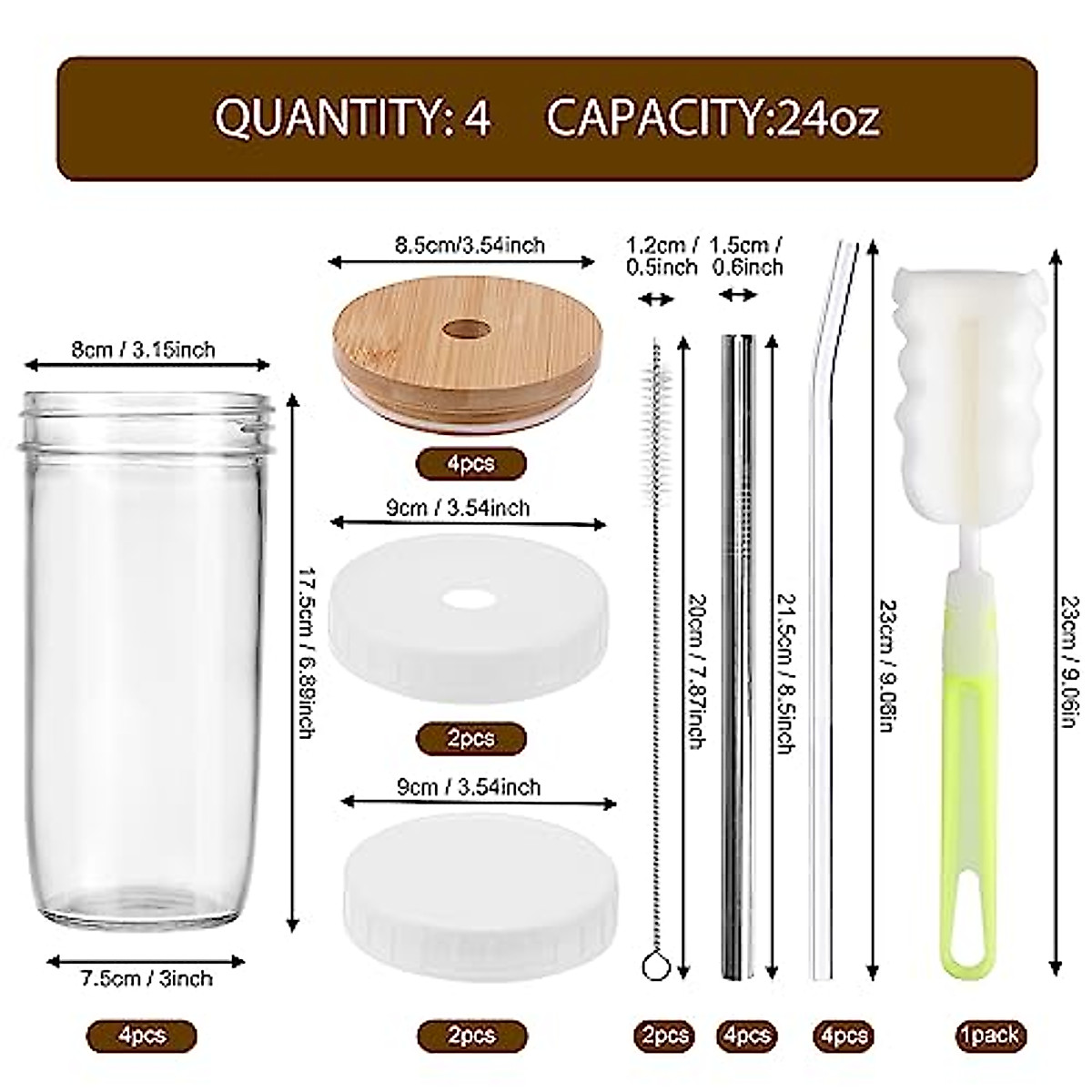 Moretoes 4pcs 24oz Glass Cups with Lids and Straws, Mason Jar Cups, Iced Coffee Tumblers for Jumbo Smoothie, Bubble Tea, Cold Brew, Soda