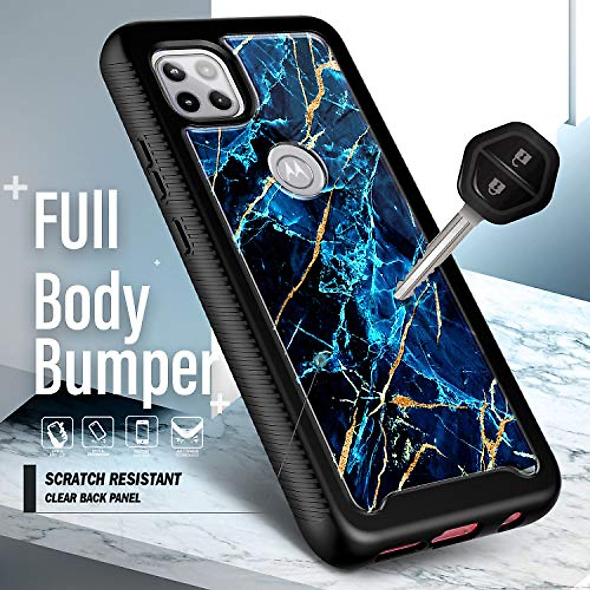 NZND Case for Motorola Moto One 5G Ace (One 5G UW Ace) with [Built-in Screen Protector], Full-Body Protective Shockproof Rugged Bumper Cover, Impact Resist Durable Phone Case (Marble Design Sapphire)