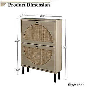 TehRecBT Rattan Shoe Cabinet with 2 Flip Drawers, Entryway Shoe Storage Cabinet with Flip Door & Metal Legs, Modern Freestanding Tipping Bucket Shoe Organizer for Entryway, Hallway, Bedroom