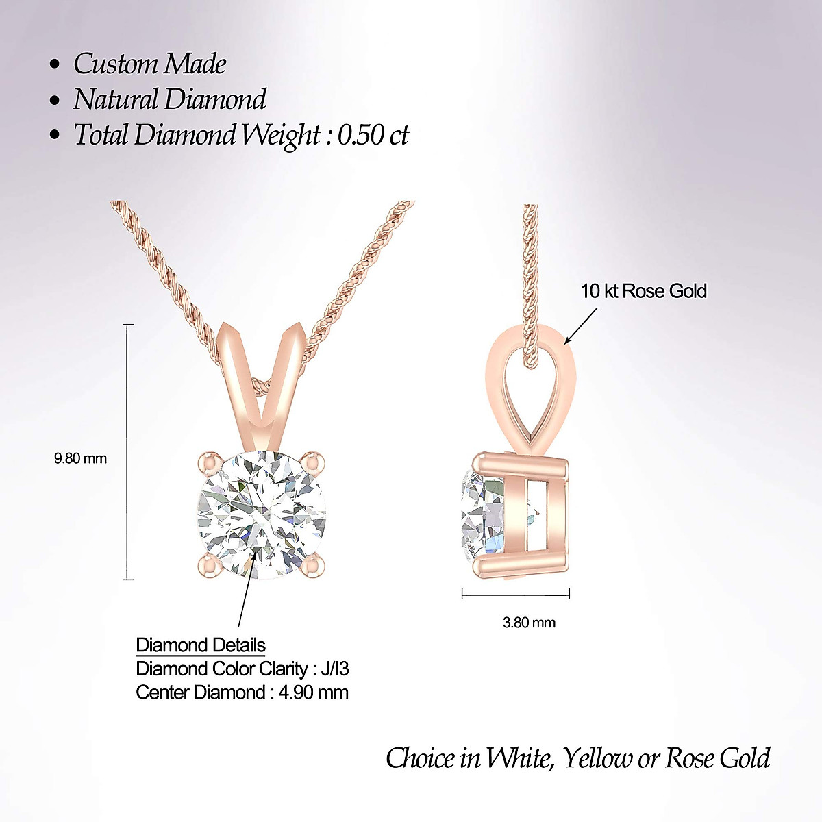 INSPEREZA NEW YORK 1/2 Carat 10K Rose Gold Round Diamond Solitaire Pendant Necklace For Women with V-bail (J Color, I3 Clarity)