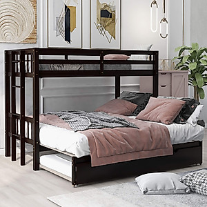 LostCat Twin Over Pull-Out Bunk Bed with Trundle, Wooden Twin Over Twin/Full/Queen/King Bunk Beds, Extendable Bunk Bed with Ladder and Guardrail, Espresso