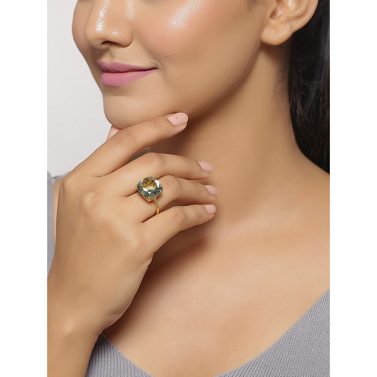 YoTreasure Green Amethyst Solid Sterling Silver Gold Plated Statement Ring Jewelry