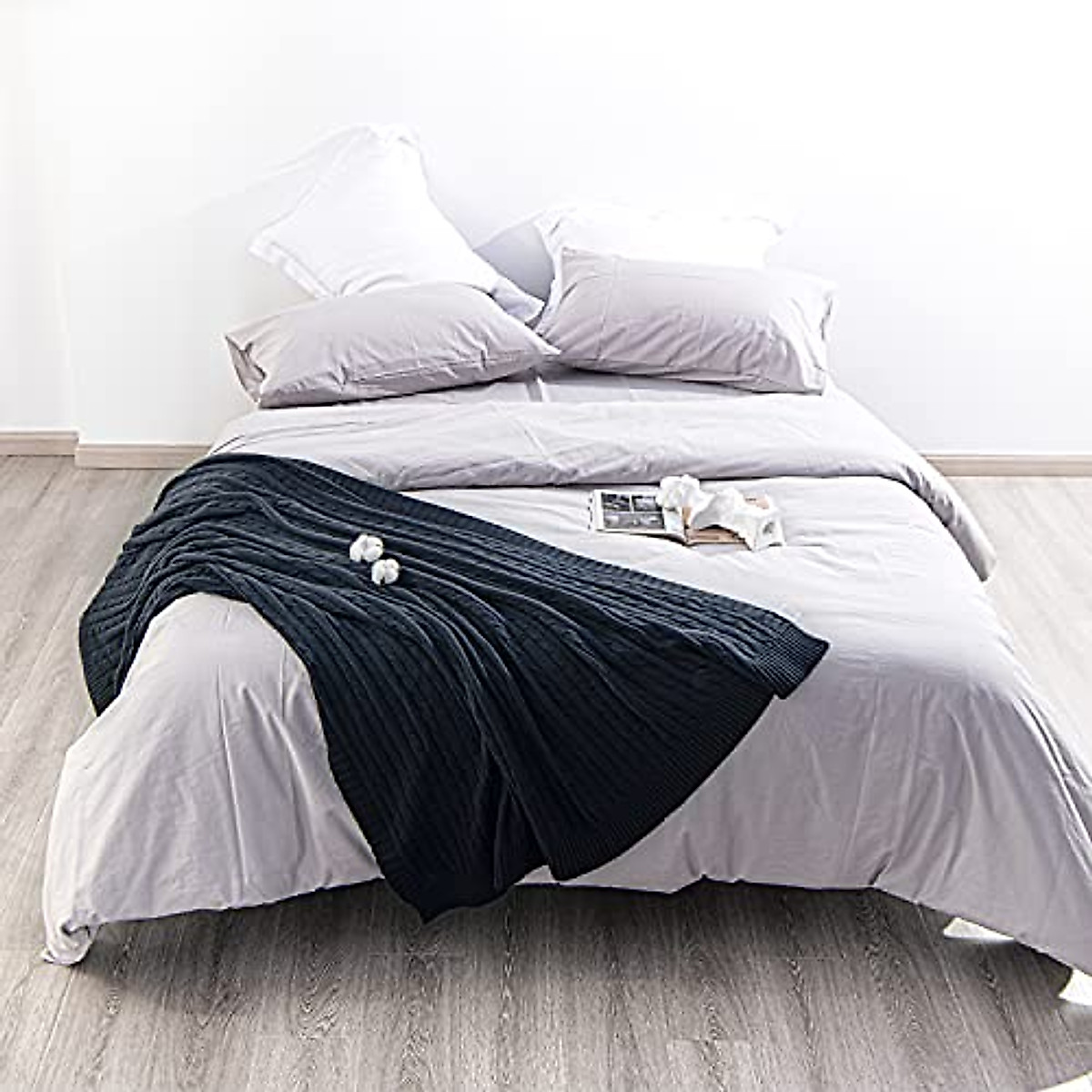 NTBAY 100% Pure Cotton Cable Knit Throw Blanket, Super Soft Warm 51x67 Knitted Throw Blanket for Couch, Sofa, Chair, Bed - Extra Cozy, Machine Washable, Comfortable Home Decor, Navy